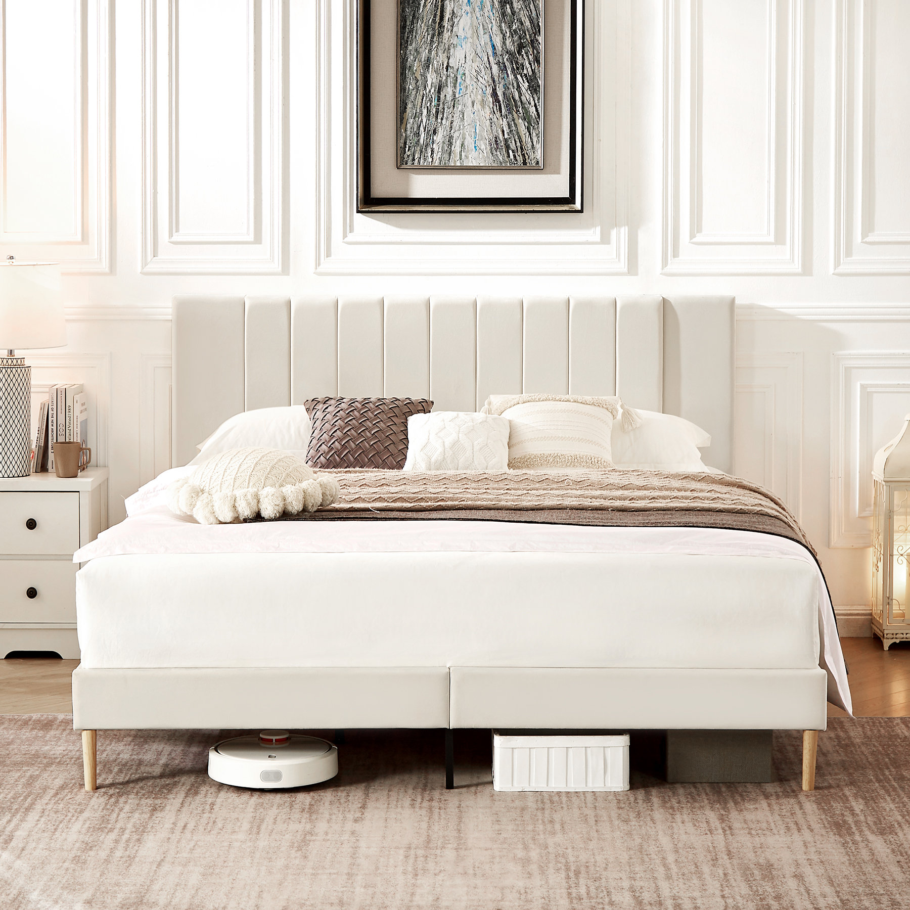 Latitude Run Platform Bed Frame with Tufted Upholstered Headboard Solid Wood Bed Legs